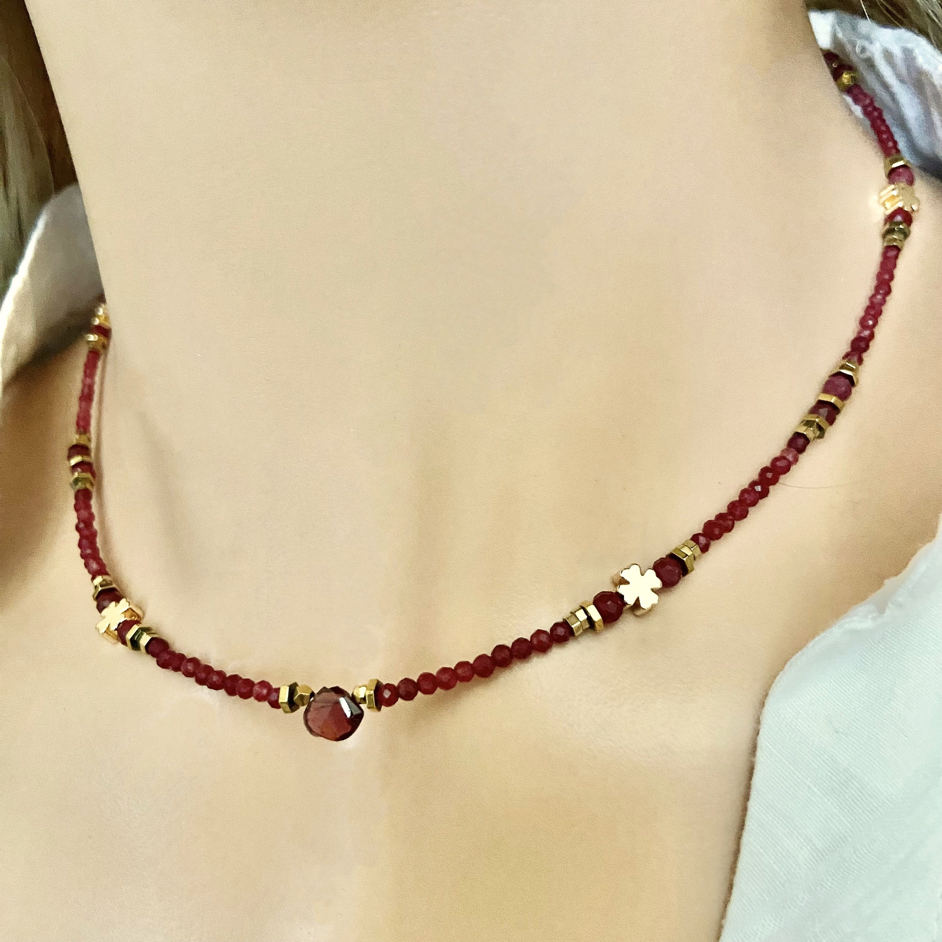 Red Ruby Gold Necklace, Tiny Gemstone Choker, Clover Necklace, Dainty ...