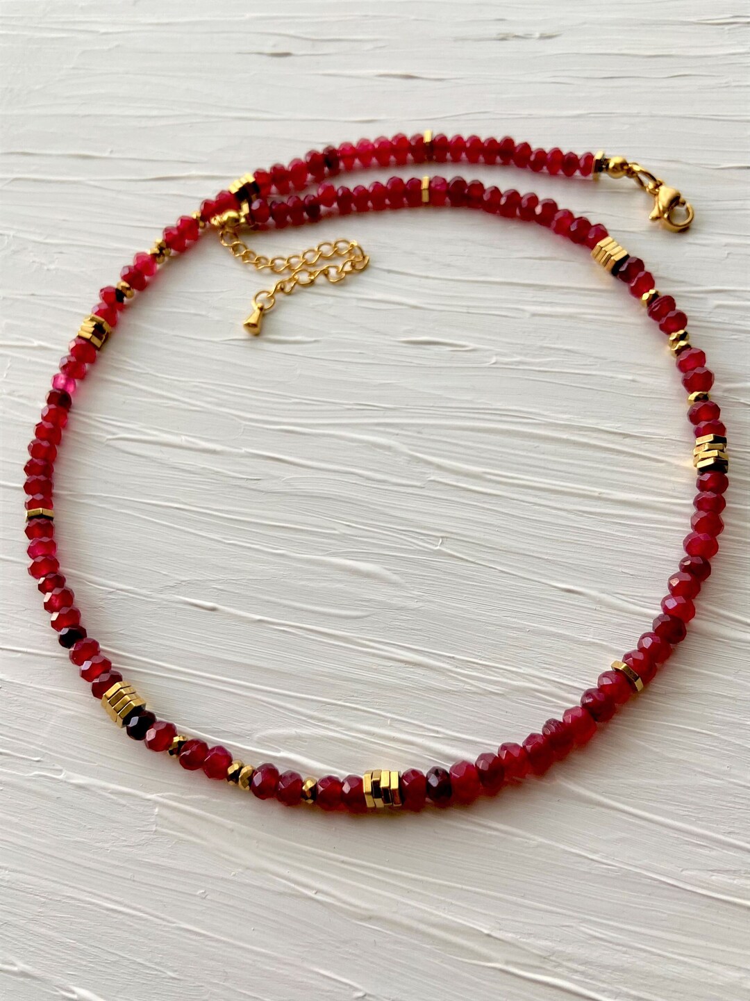 Red Ruby Necklace Choker Tiny Beaded Gemstone Necklace Red and Gold ...