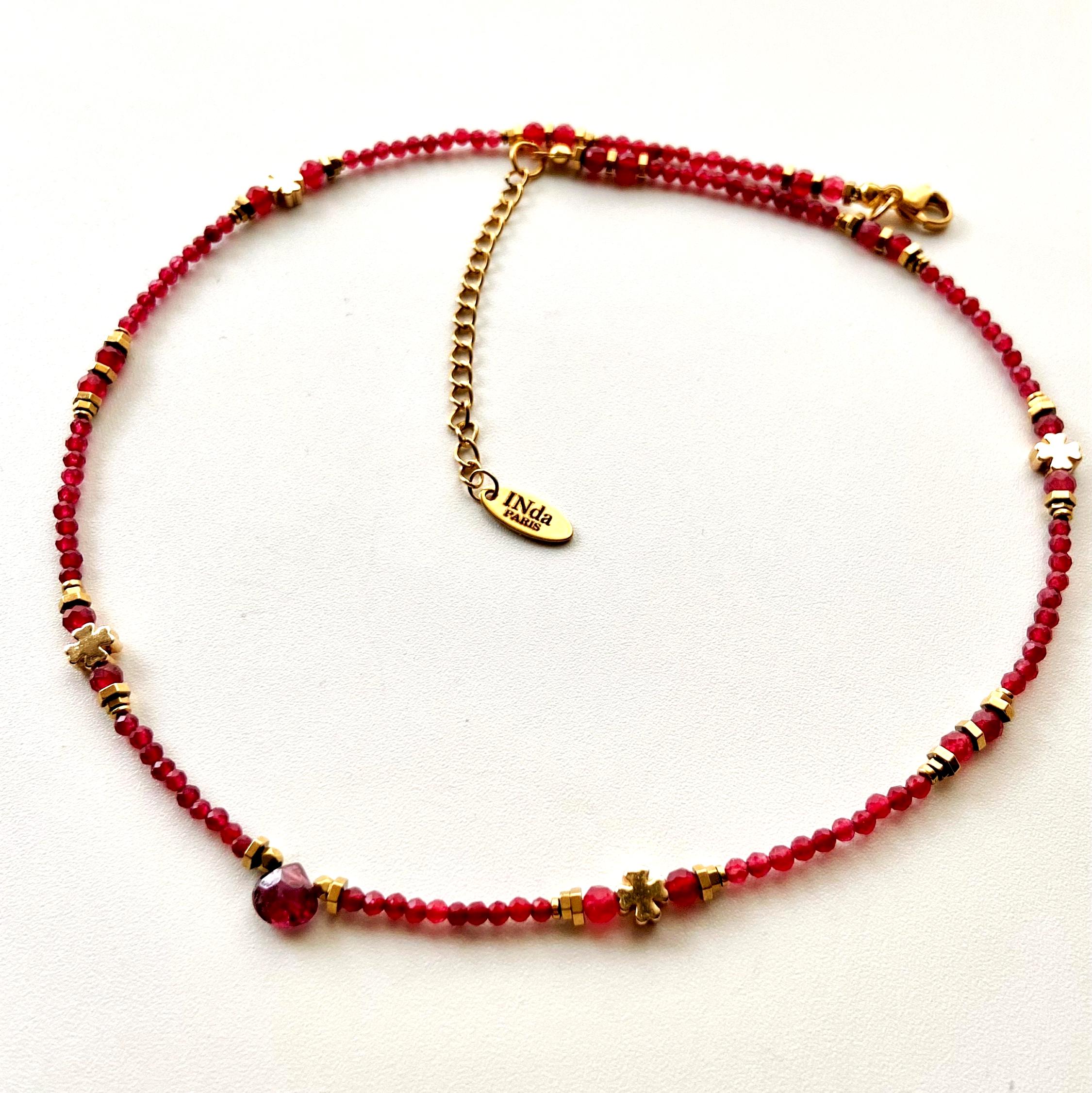 Red Ruby Gold Necklace, Tiny Gemstone Choker, Clover Necklace, Dainty ...