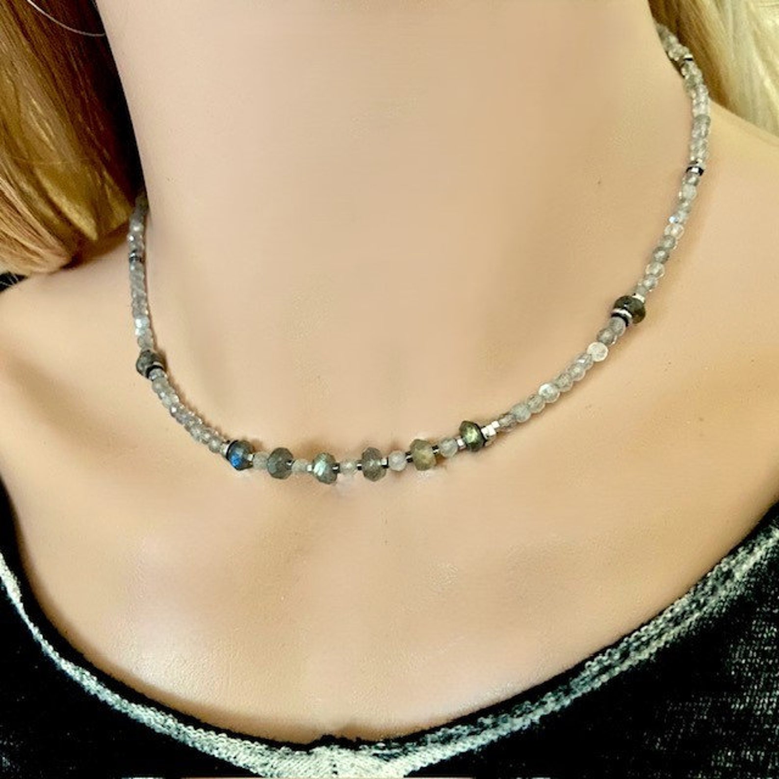 Handmade Sterling Silver & Flash Labradorite Necklace Choker- Sparkly ...