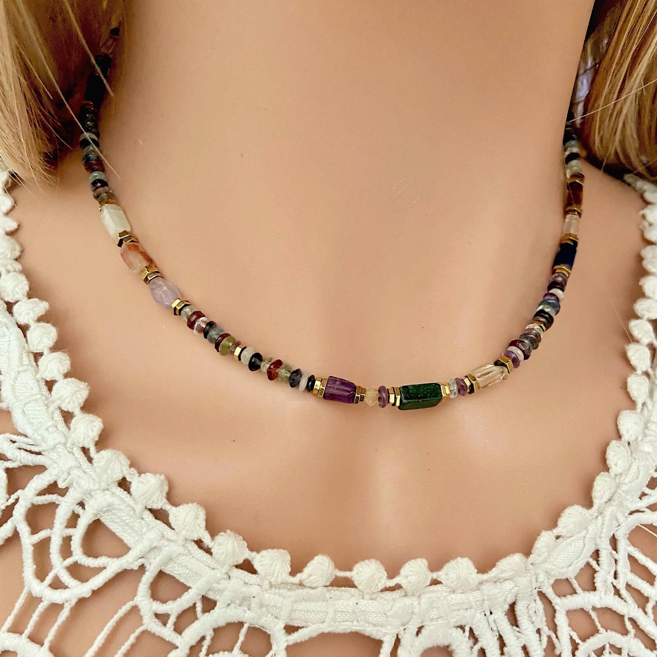 Multi-colored Precious Stones Necklace Choker- Multi Gemstone Tiny ...