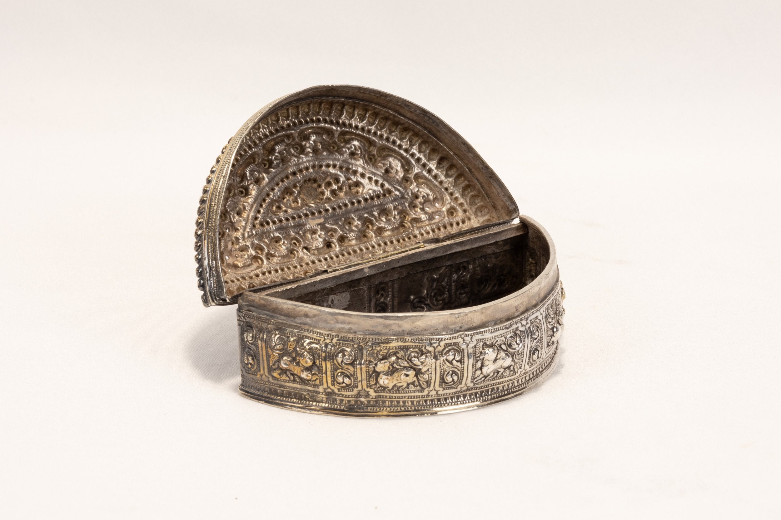 A Burmese Silver Crescent Moon Betel Box Decorated With Animals ...
