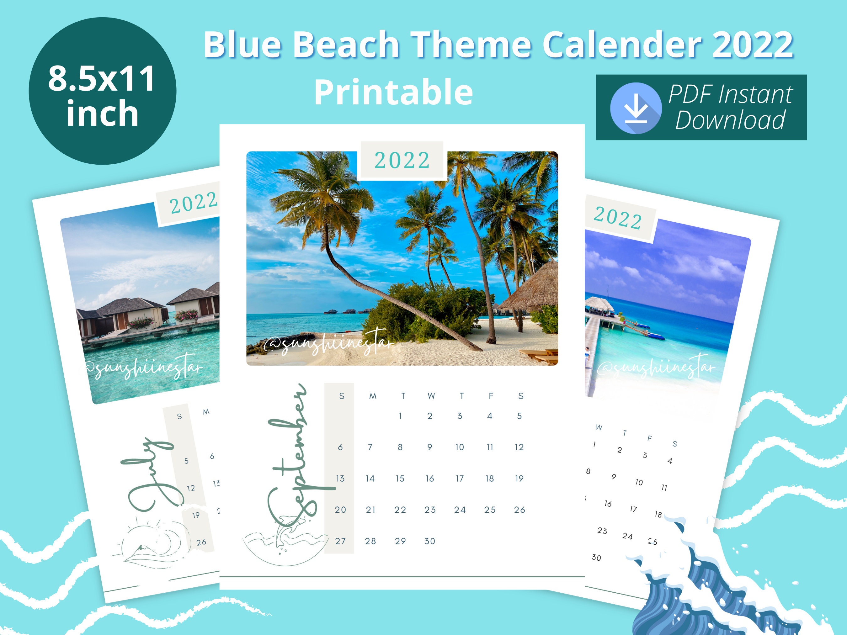 2022 Blue Beach Calendar Digital Printable Art Twelve Images, Beach Vacation Vibe, US LETTER ...