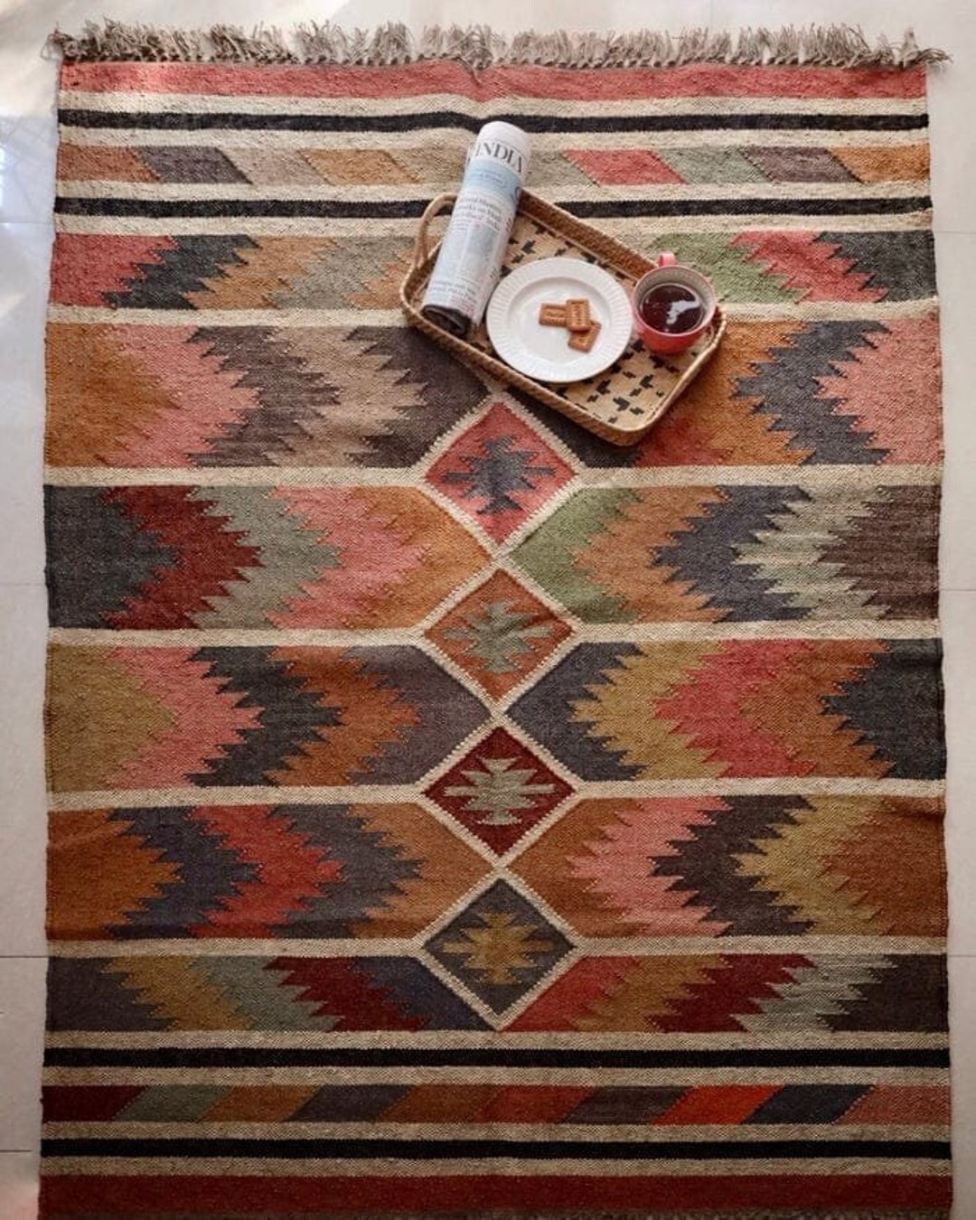 Natural Wool Jute Kilim Rug Sustainable Wool Jute Rug, Rustic Wool Jute ...