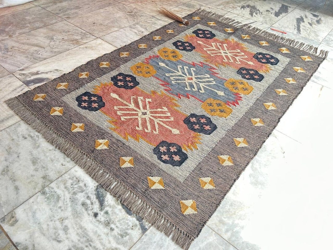 Kilim Rug, Handwoven, Wool and Jute Rug Handmade, Kilim Dhurrie Rug ...