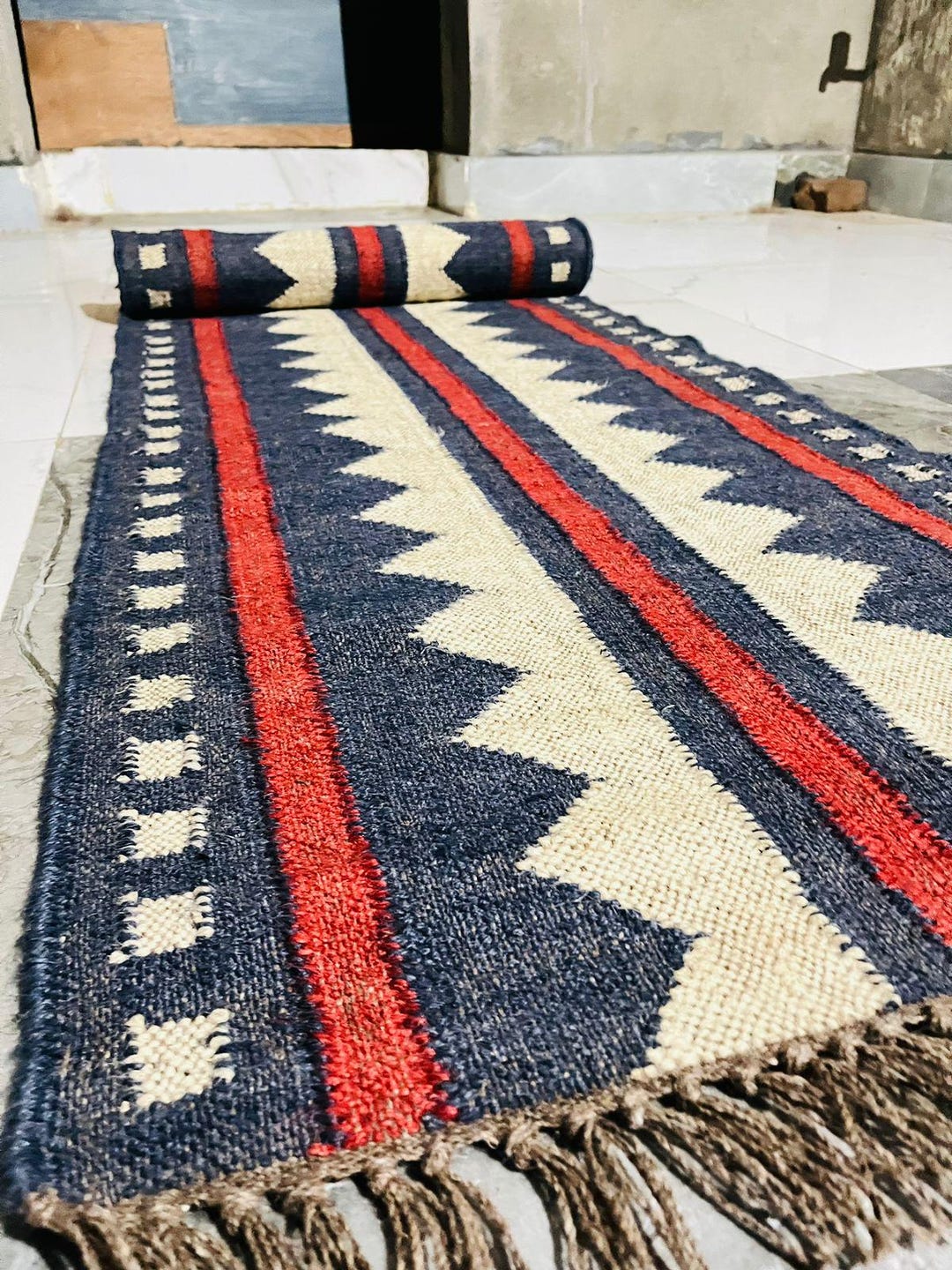 Handwoven Kilim Wool Jute Runner Bohemian Eco Friendly Wool Jute Kilim ...