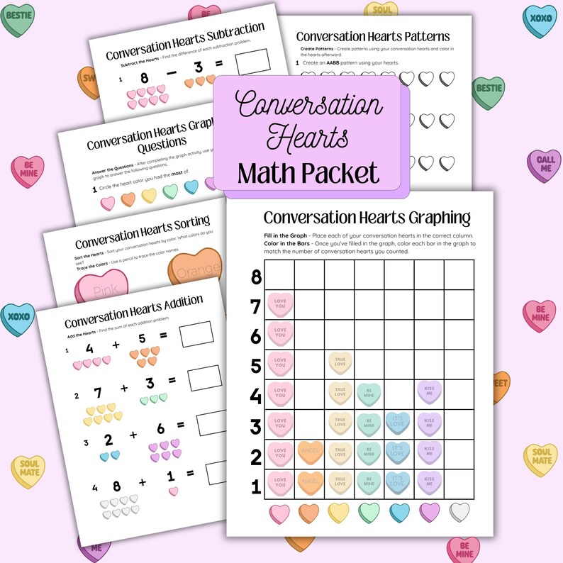 Conversation Hearts Math Packet: Valentine's Day Activity (PDF) - Etsy