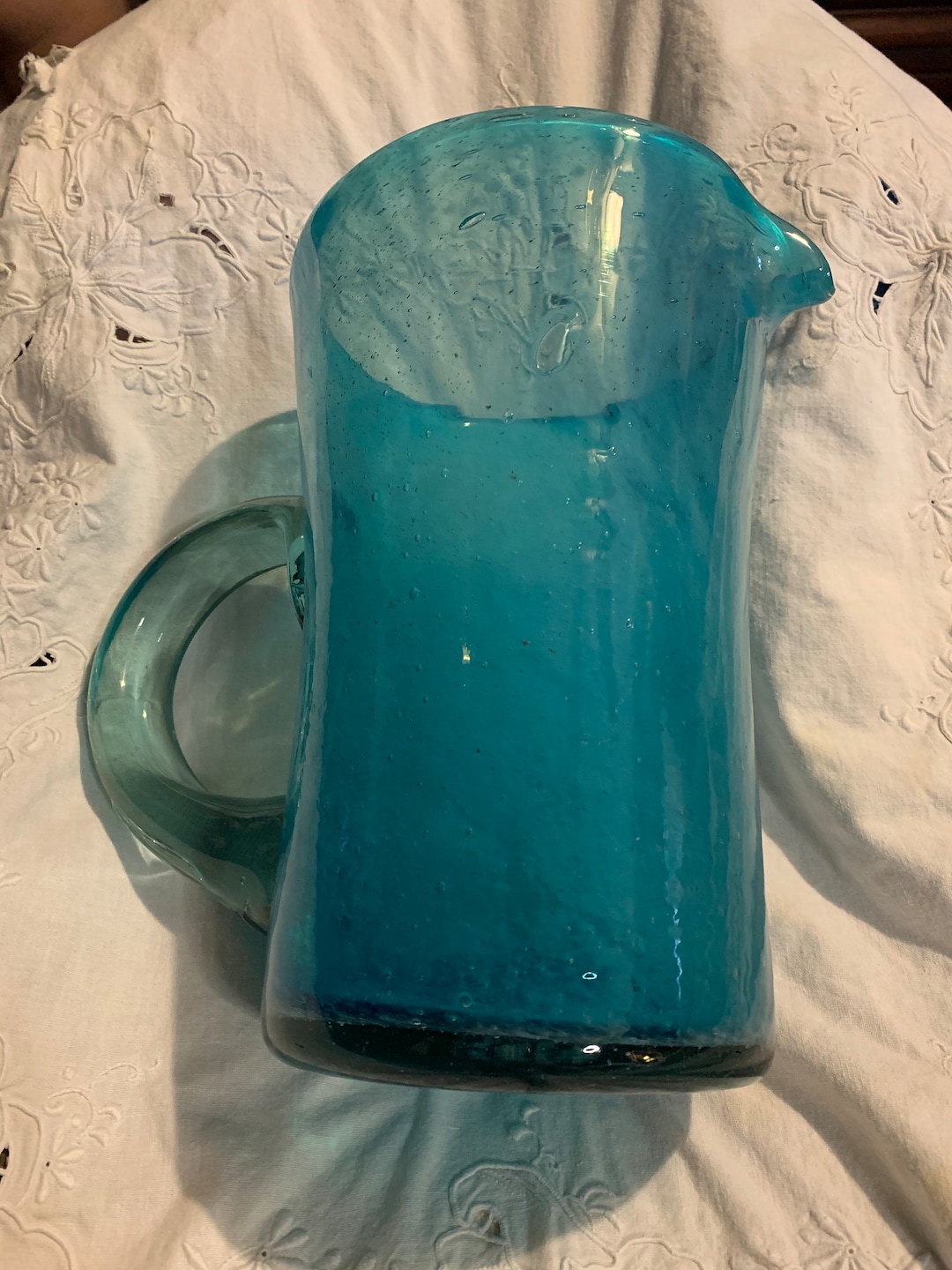 Crate & Barrell Turquoise Blown Glass Pitcher - Etsy