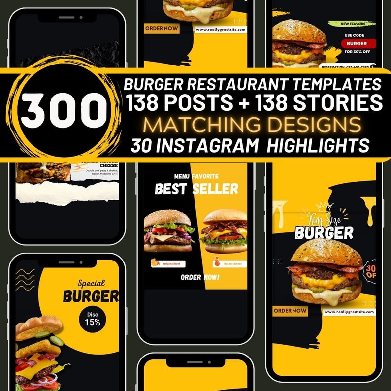 Tasty Burger Canva Templates, Black & Yellow Theme Templates, Foodie ...