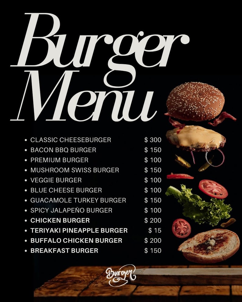 3 in 1 Burger Menu Board, Burger Bar Menu Printable, Burger Menu Canva ...