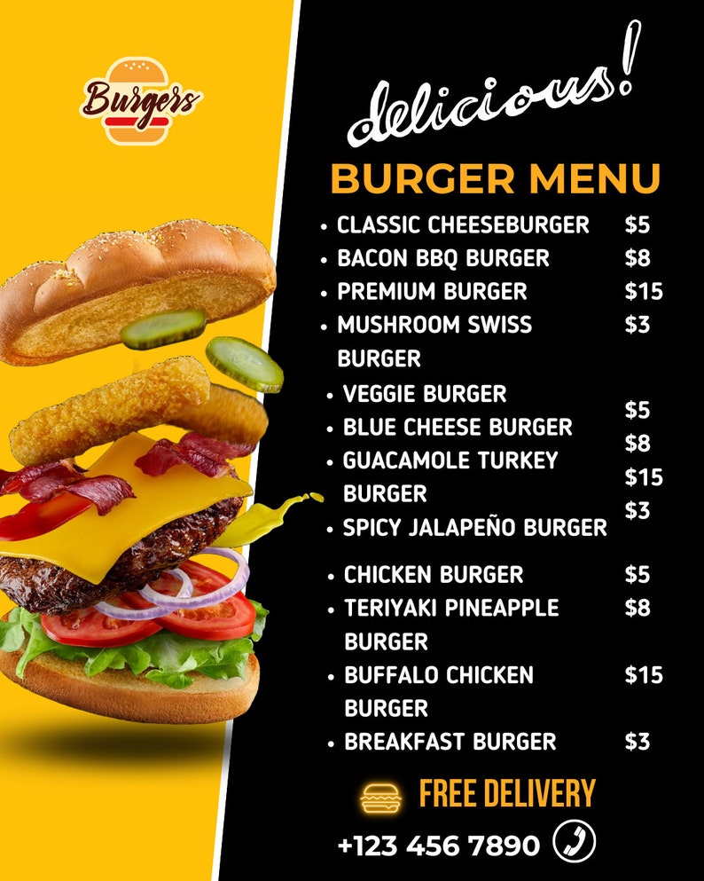 3 in 1 Burger Bar Menu Printable, Burger Menu Board, Burger Food Truck ...