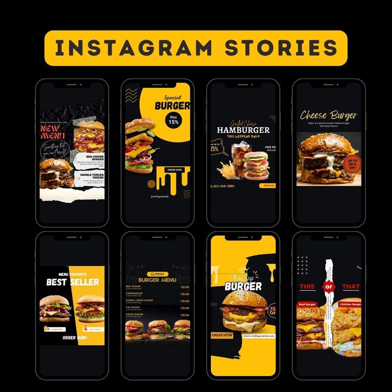 Tasty Burger Canva Templates, Black & Yellow Theme Templates, Foodie ...