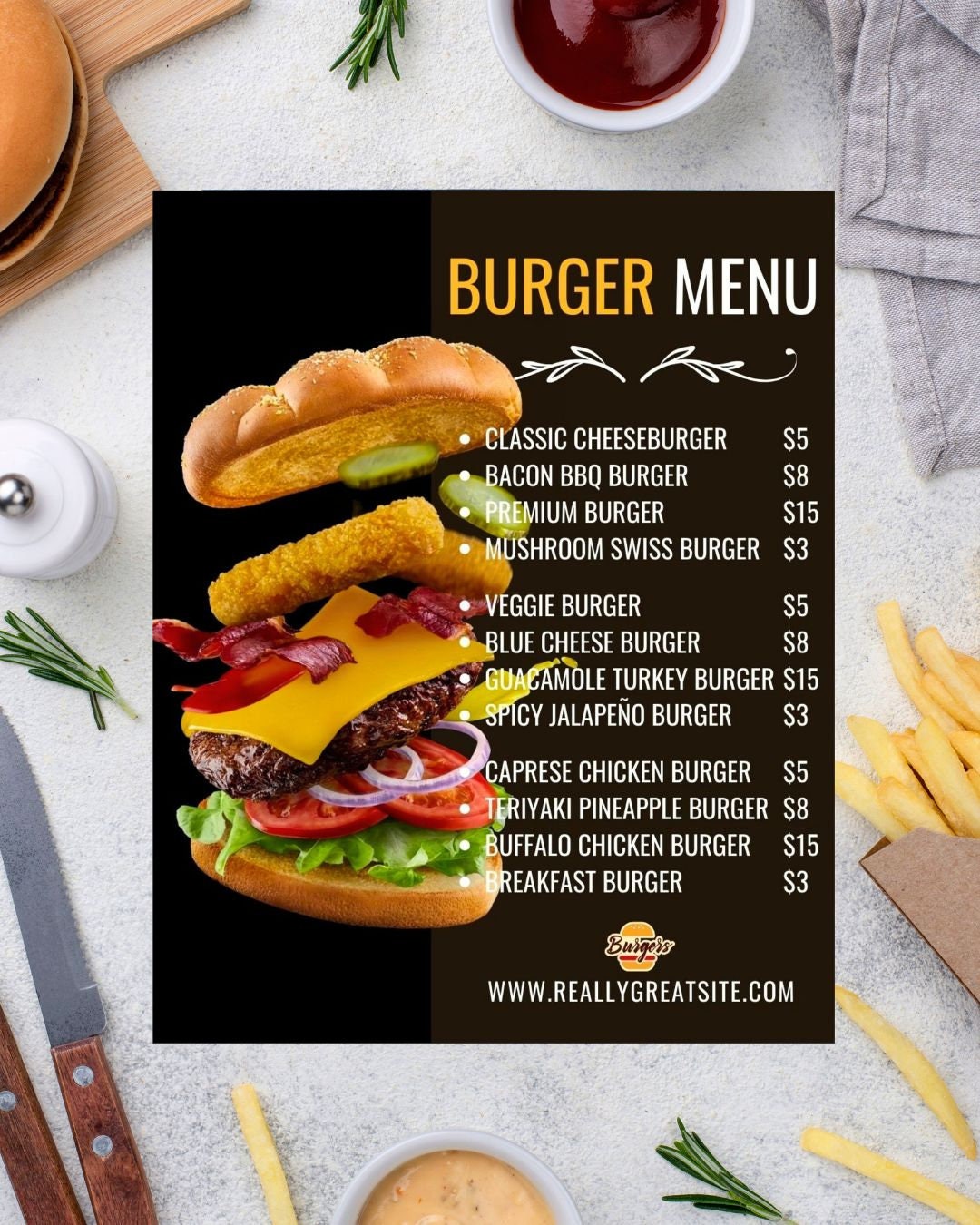 3 in 1 Burger Bar Menu Printable, Burger Menu Board, Burger Food Truck ...