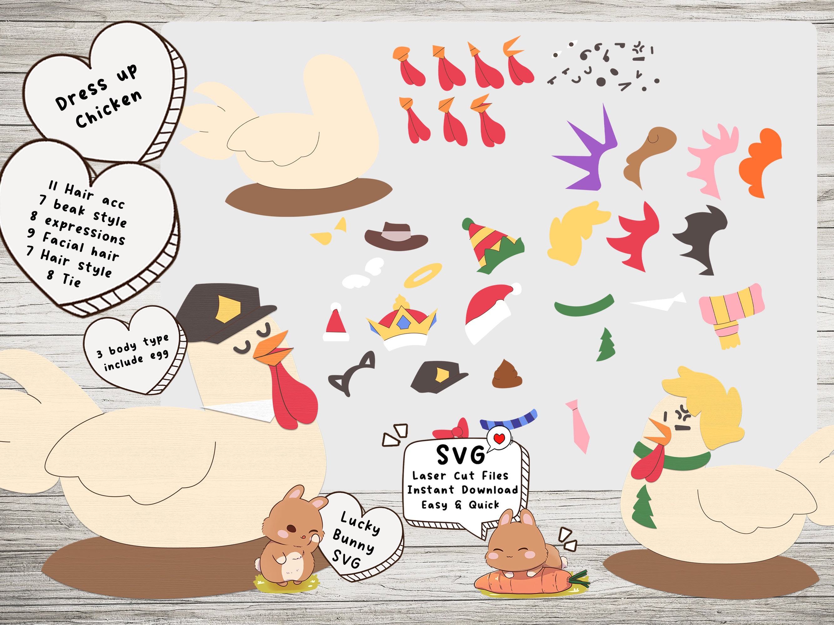Chicken Dress up SVG Files for Glowforge or Laser Cut Cnc, PNG for ...