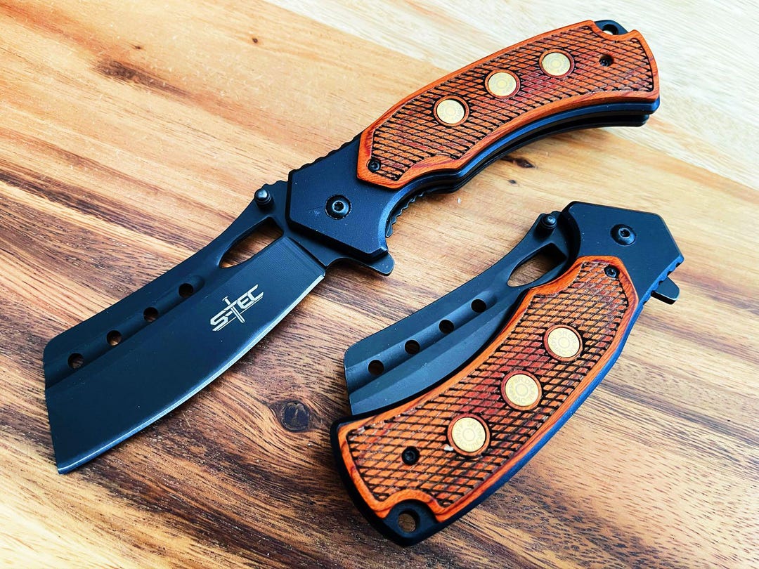 8.75"cleaver Razor Blade Black & Wood Spring Assisted Folding Pocket ...