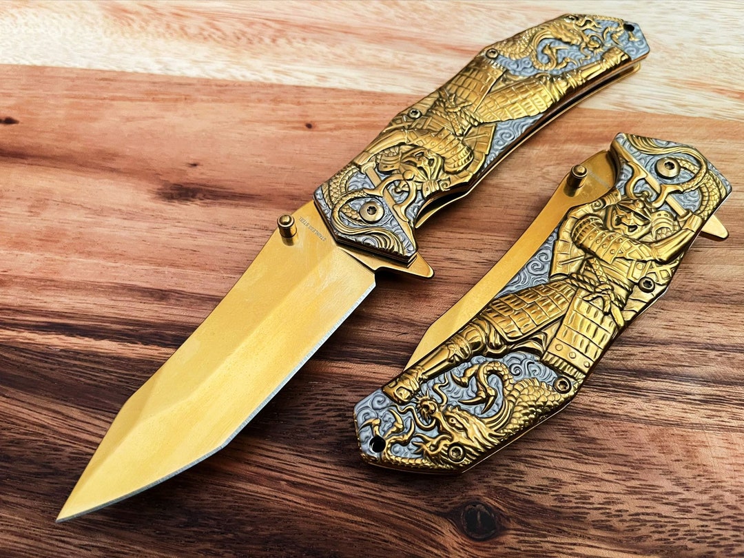 8.25" Luxury Samurai Handle Gold Plating Blade Spring Assisted Folding ...