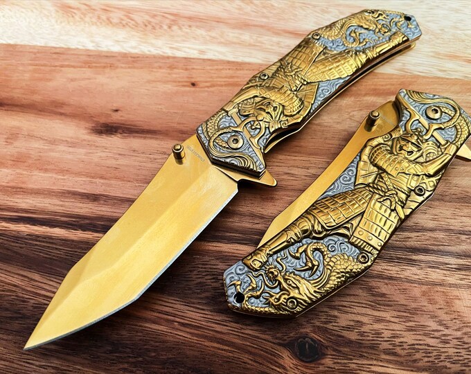 8.25" Luxury Samurai Handle Gold Plating Blade Spring Assisted Folding ...