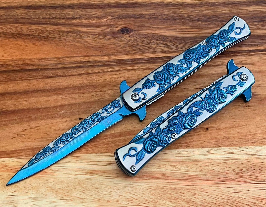 9" Vintage Luxury Blue Rose Design Spring Assisted Open EDC Blade ...