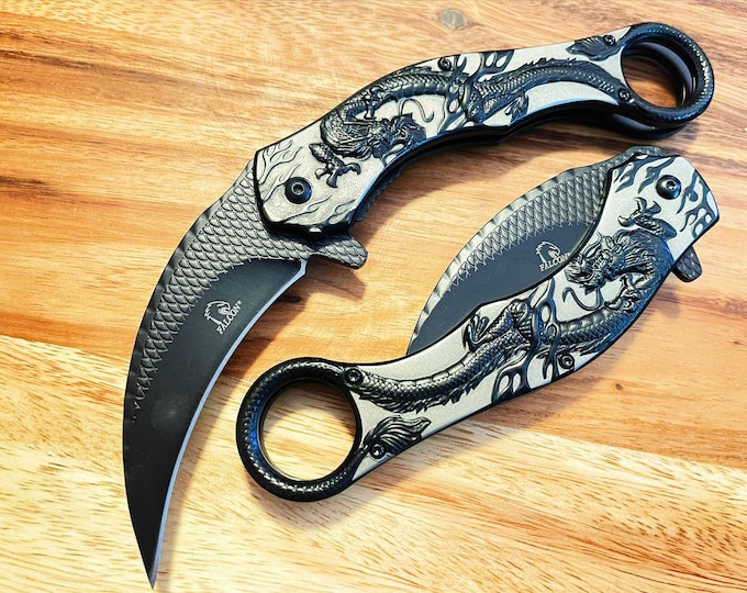 9 Luxury Karambit Spring Assisted Pocket Knife 3D Black Dragon Fiery ...