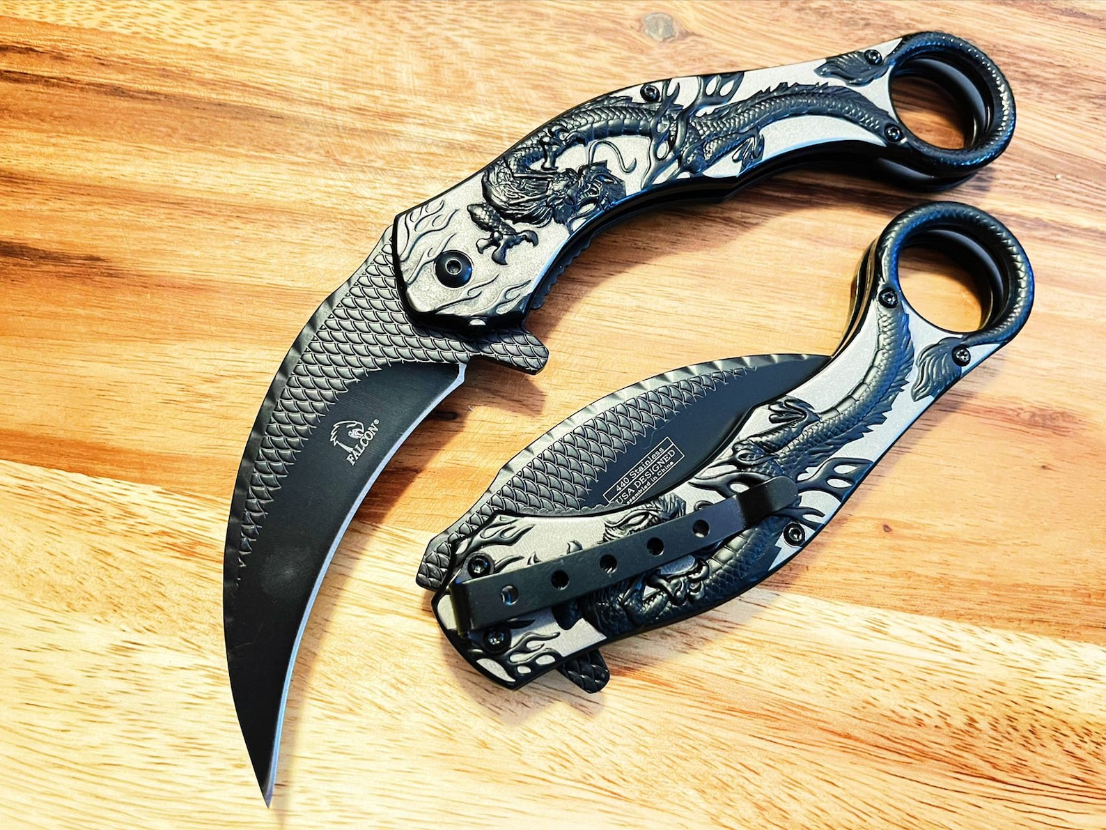 9” Luxury Karambit Spring Assisted Pocket Knife 3D Black Dragon Fiery ...