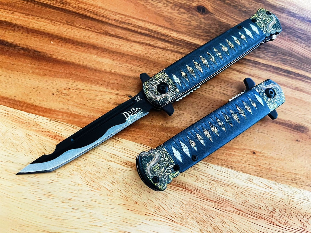 9" Luxury Black Mini Folding Japanese Katana Spring Assisted Open Blade ...