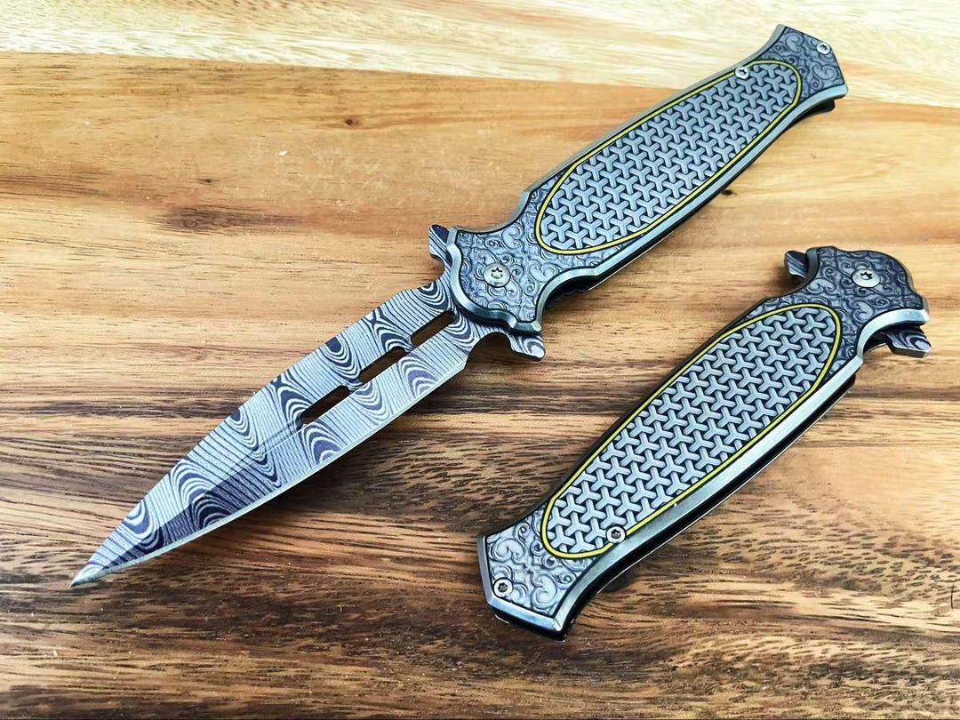 Damascus Pattern Folding Pocket Knife: Assisted Open, Stainless Steel ...