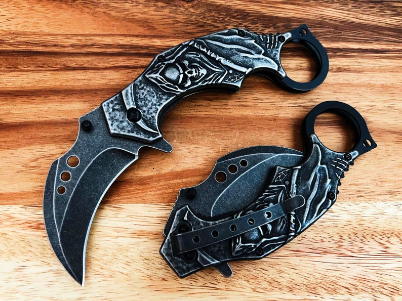 7" Karambit Claw Knife: Stonewash Reaper Skull, Spring Assisted - Etsy