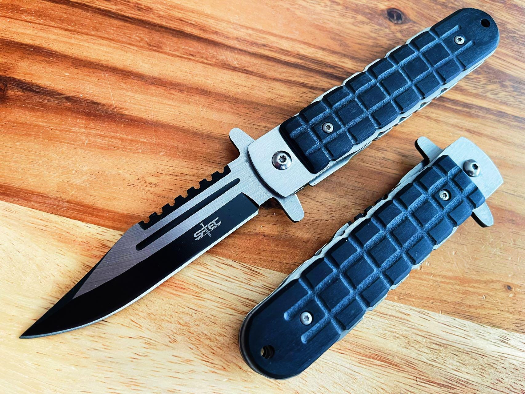 Spring Assisted Folding Pocket Knife: Black Wood Handle, Serrated Blade ...