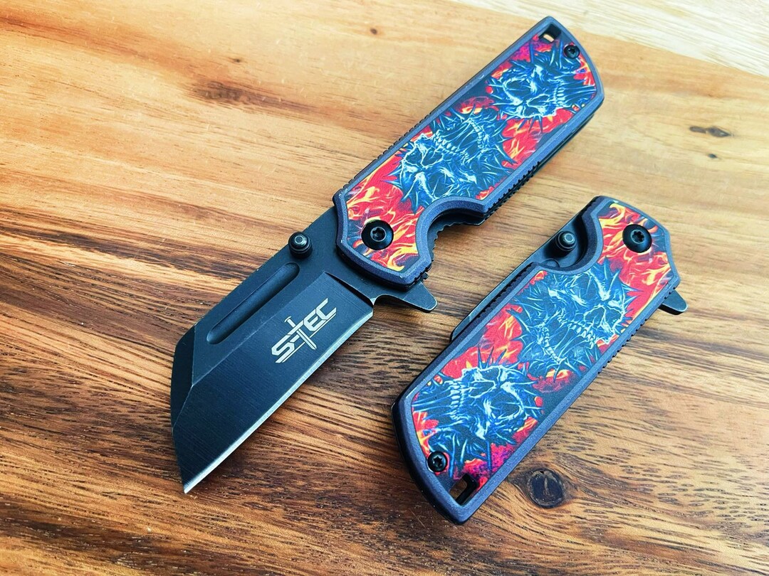 5.5” Mini Tanto Folding Knife Red Skull Spring Assisted Blade EDC ...