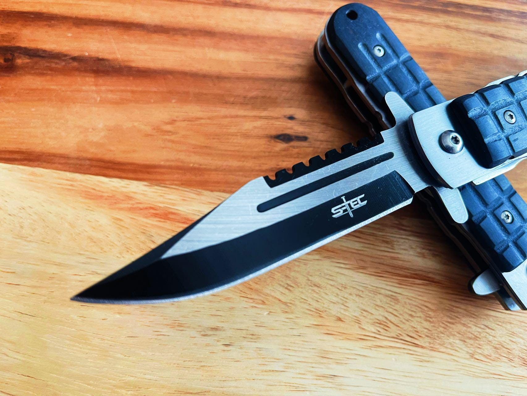 Spring Assisted Folding Pocket Knife: Black Wood Handle, Serrated Blade ...