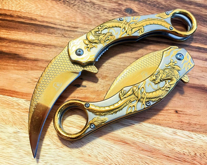 9” Luxury Karambit Spring Assisted Pocket Knife 3D Gold Dragon Fiery ...