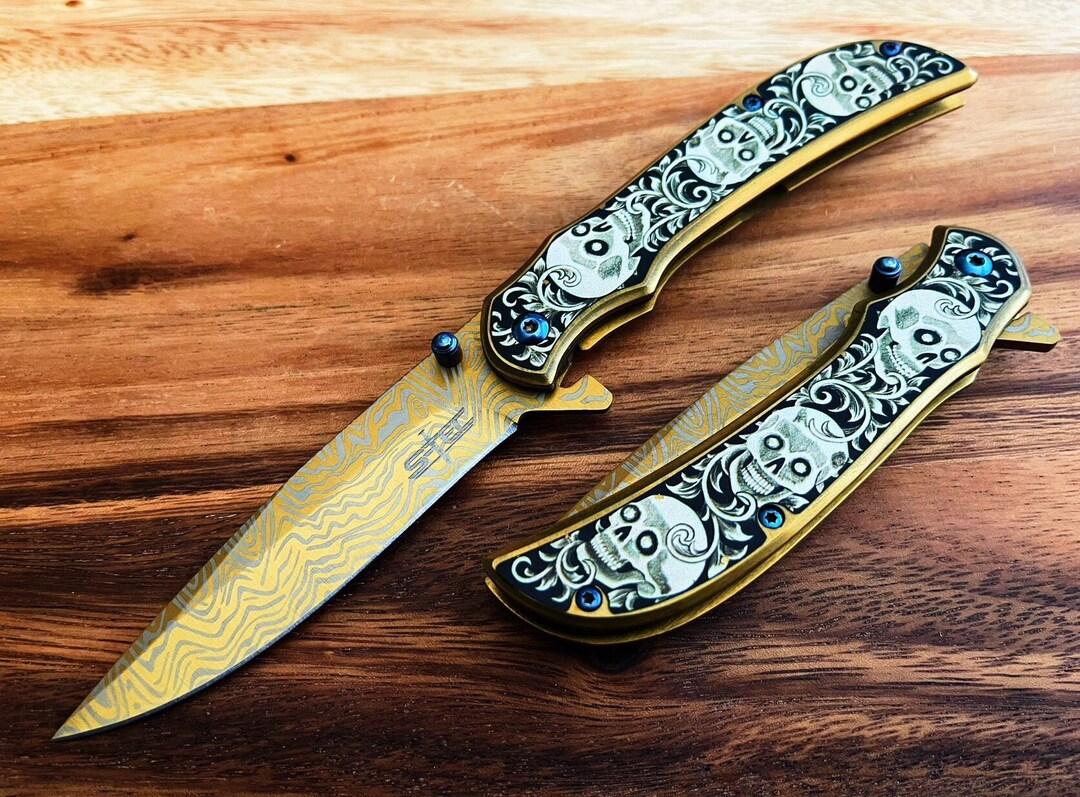8.25" Cute Luxury Stainless Steel Assisted Folding Knife Gold Skull ...
