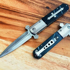 9 Luxury Black & Silver Tactical CELTIC CROSS Stiletto Spring Open ...