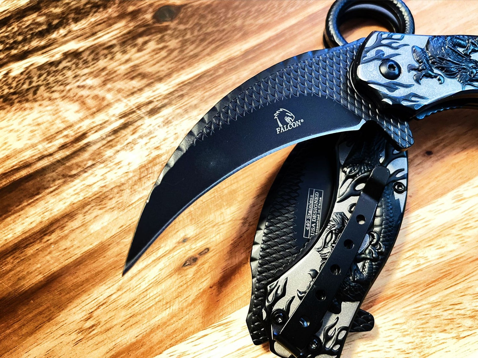 9 Luxury Karambit Spring Assisted Pocket Knife 3D Black Dragon Fiery ...