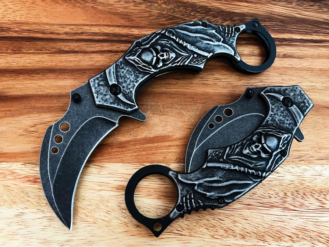 7” Luxury Karambit Claw Spring Assisted Open Pocket Knife 3D Stonewash Reaper Skull Hunting ...