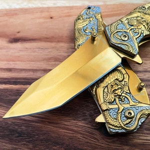 8.25 Luxury Samurai Handle Gold Plating Blade Spring Assisted Folding ...