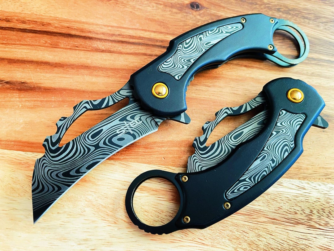 Damascus Pattern Karambit Knife, Spring Assisted Folding Claw - Etsy
