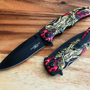 8.5” Dragon Design Spring Assisted Folding Pocket Knife. EDC Cool Sharp ...