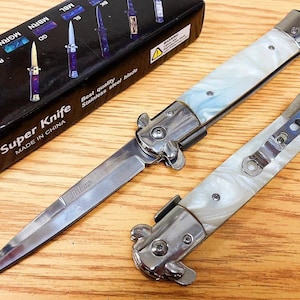 9” White Italian Milano Stiletto Spring Assisted Folding Pocket Knife ...