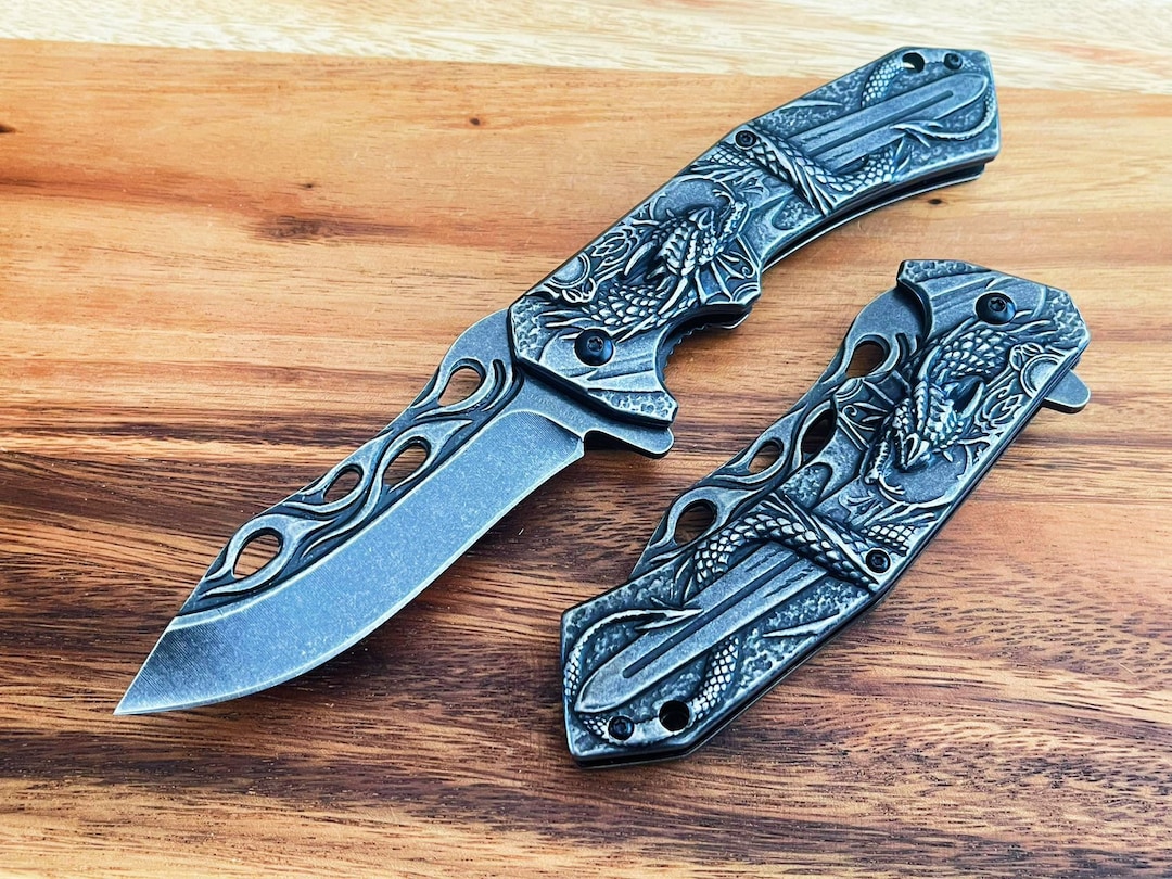 8" Luxury Spring Open Assisted Pocket Knife Black Stone Wash 3D Dragon ...
