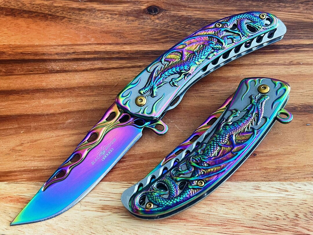 8.5 Luxury Spring Open Assisted Pocket Knife Rainbow 3D Dragon Design ...
