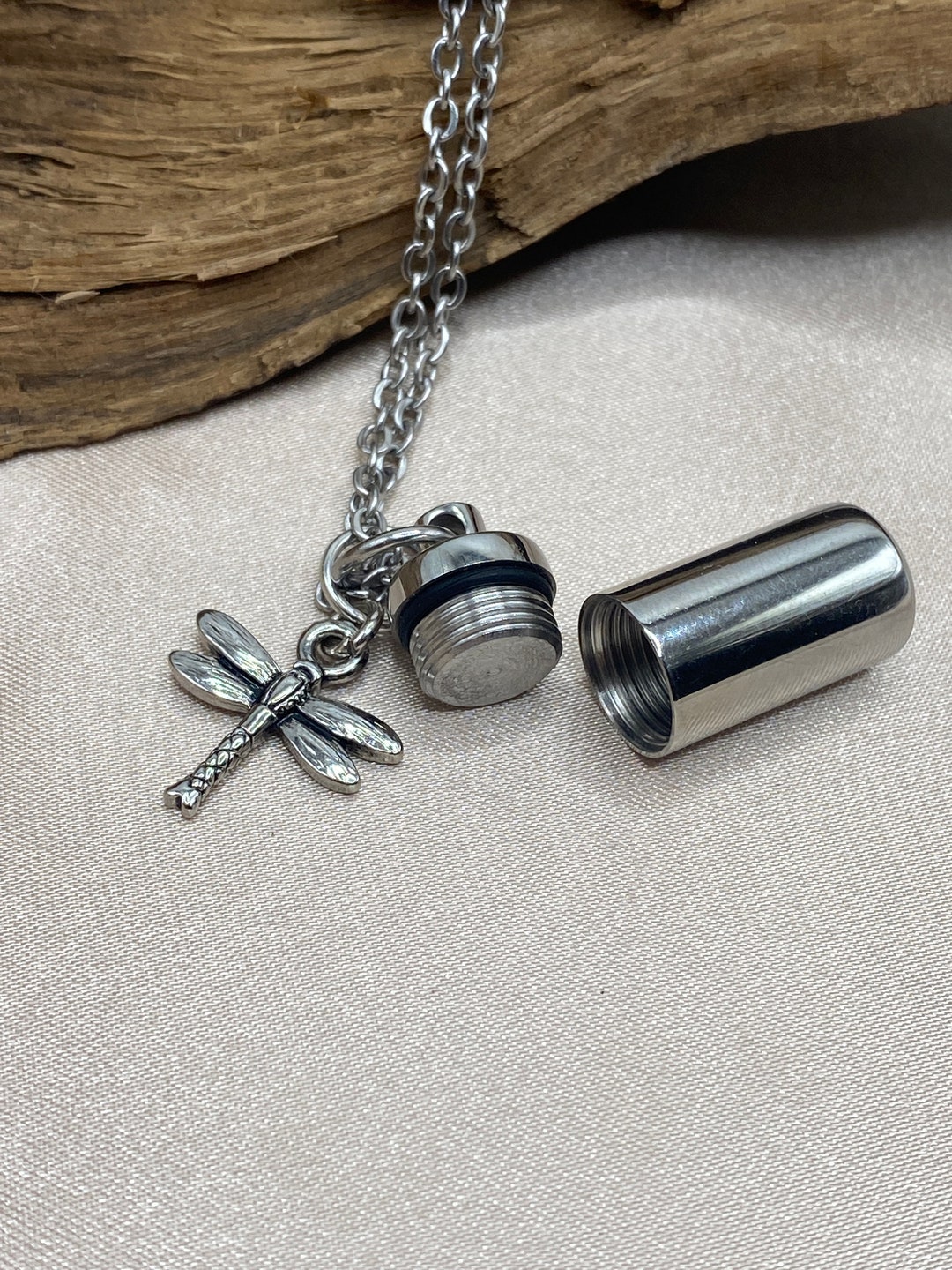 Dragonfly Memorial Necklace – Cylinder Pendant for Ashes, Engraved ...