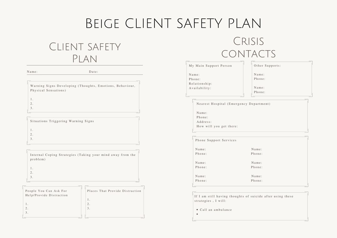 Client Safety Plan, Therapist Printable, Crisis Safety Plan Template ...