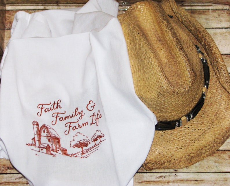 Faith Family Farm Life - Farmhouse Flour Sack Embroidered Kitchen Tea ...