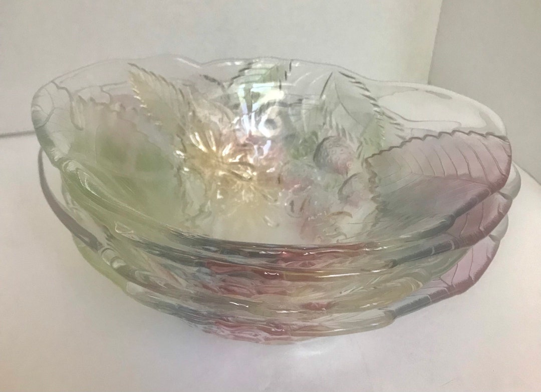 Japanese SOGA Glass Bowl Clear Iridescent Grapes Leaf Flower Tableware ...