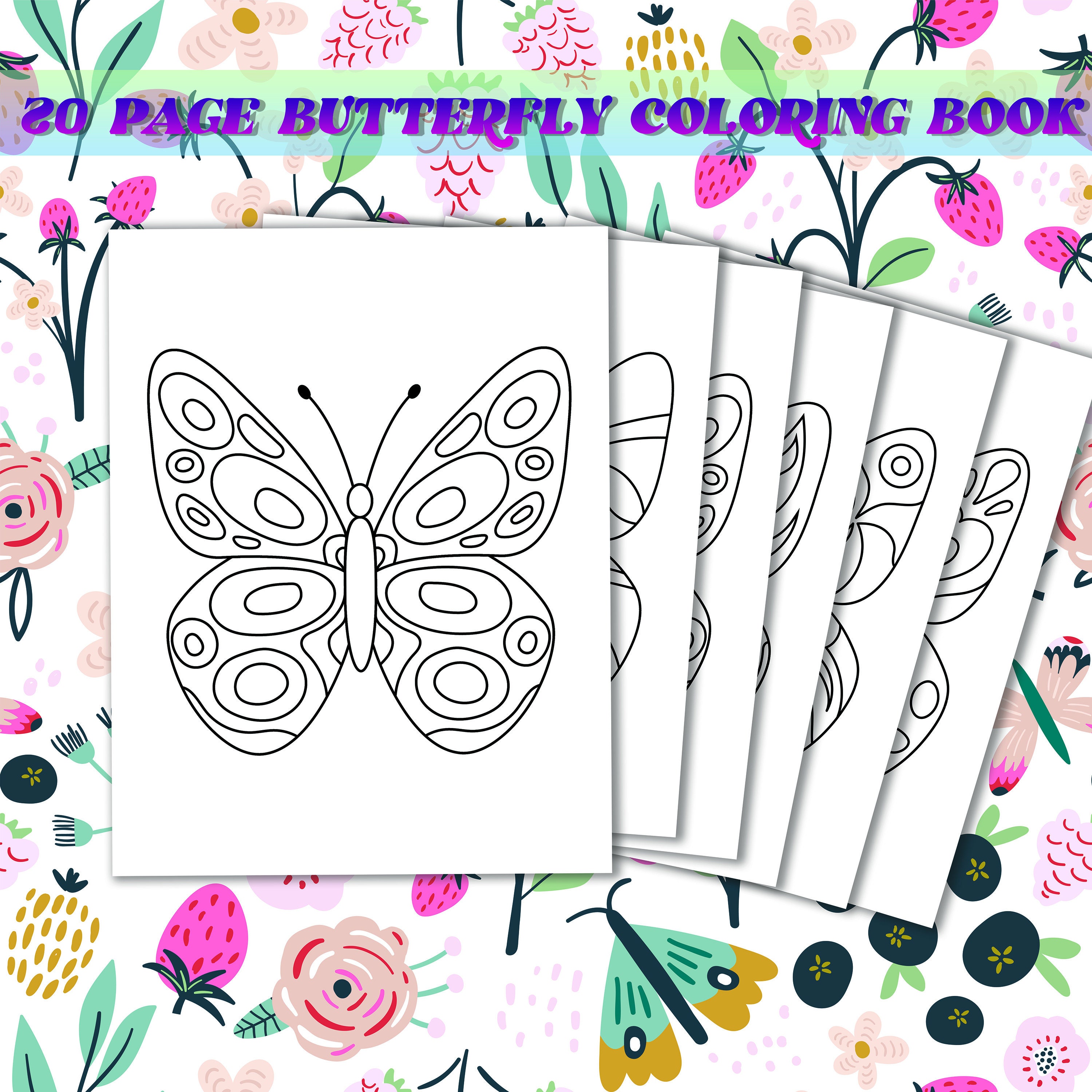 Childrens Easy and Simple 20 Page Butterfly Coloring Pages Digital PDF ...