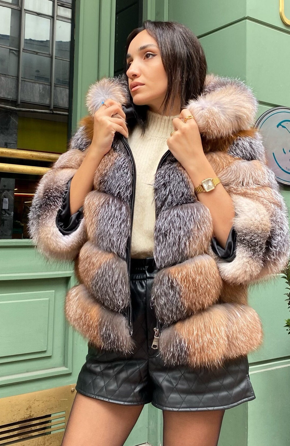 Brown Real Fox Fur Jacket Women Winter Bomber Hoodded Fox - Etsy