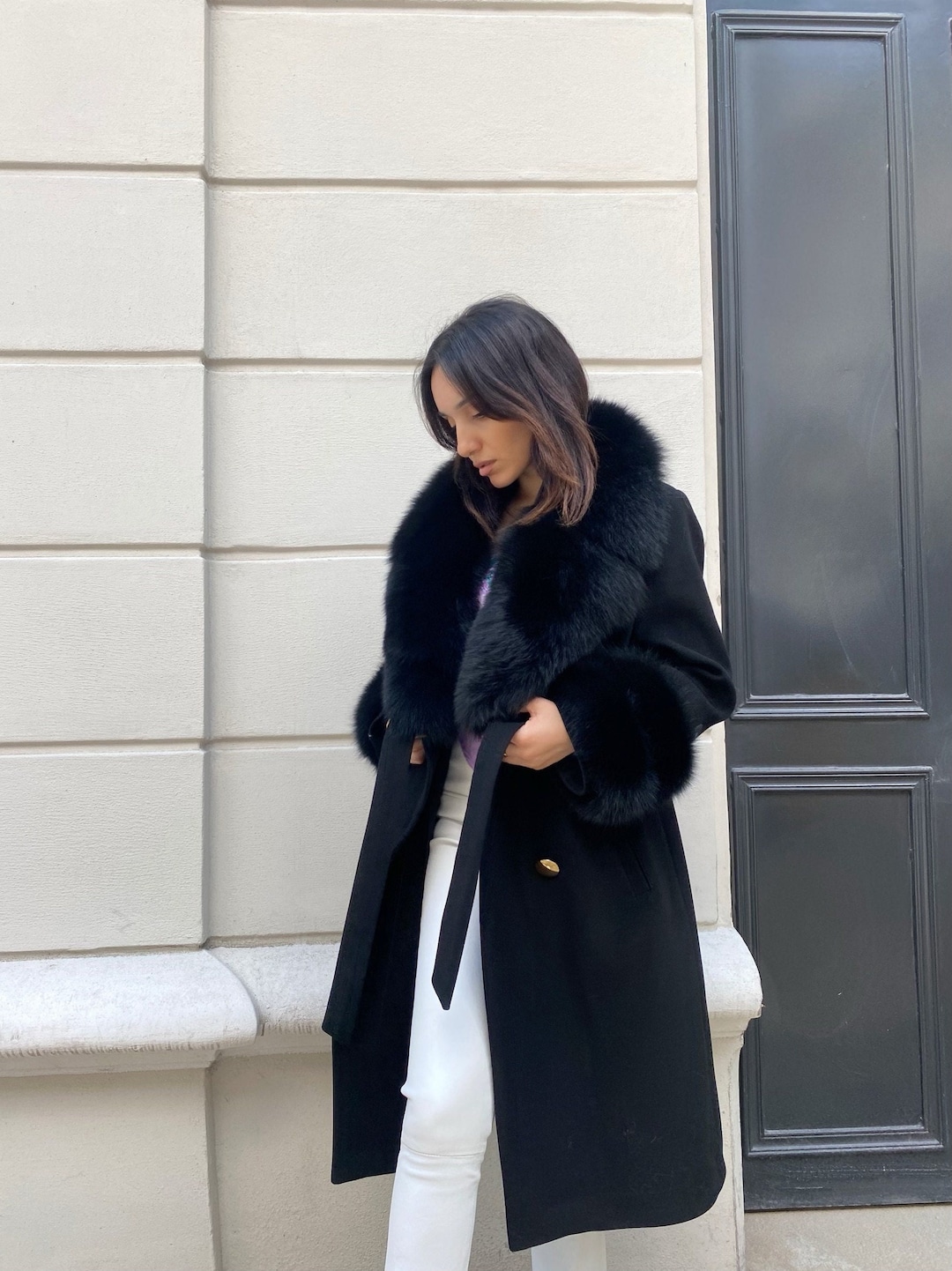 Black Coat Women, Cashmere Winter Coat With Real Fox Fur, Removable ...
