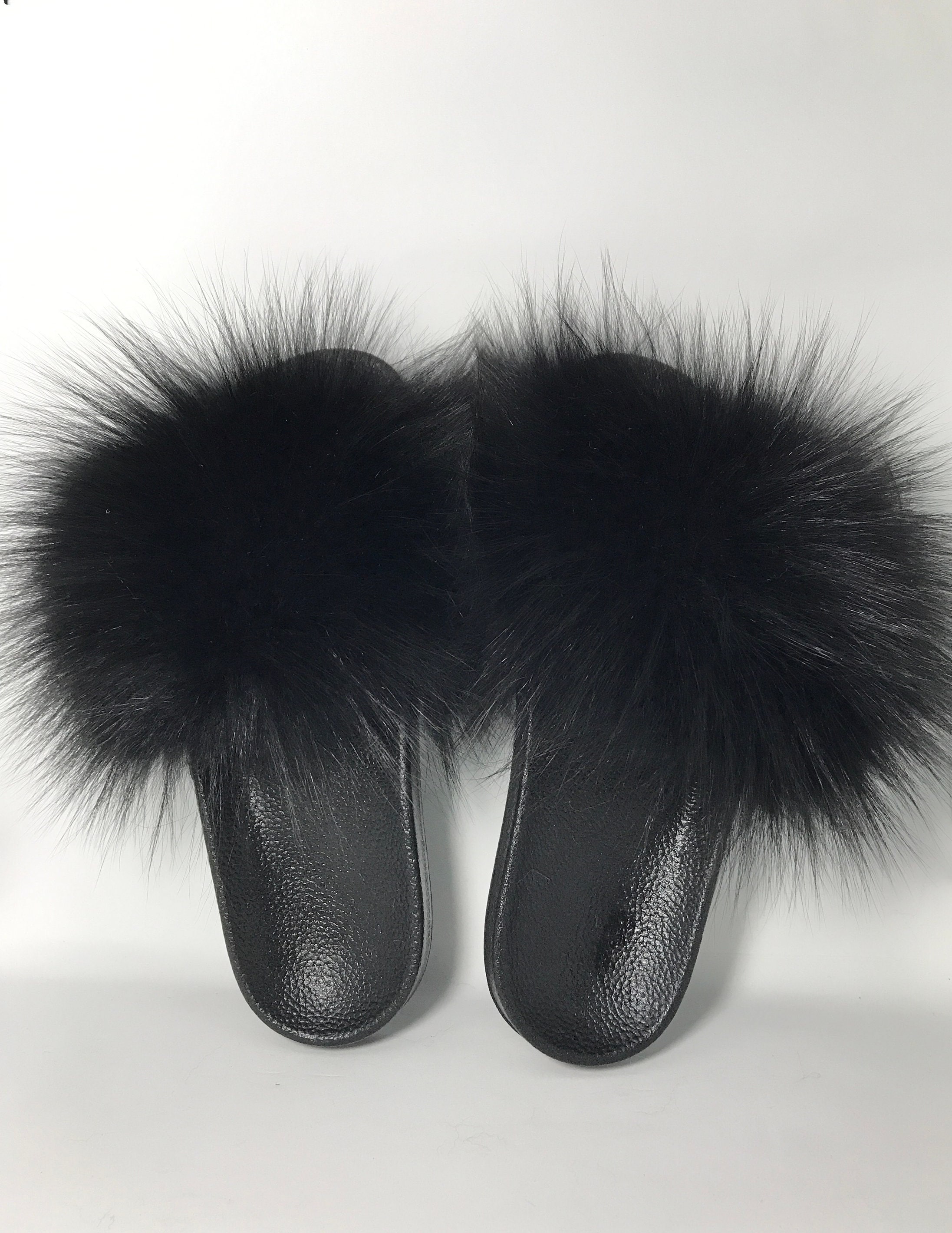 Black Fur Slides Fur Slides for Women Fox Fur Slides.real - Etsy