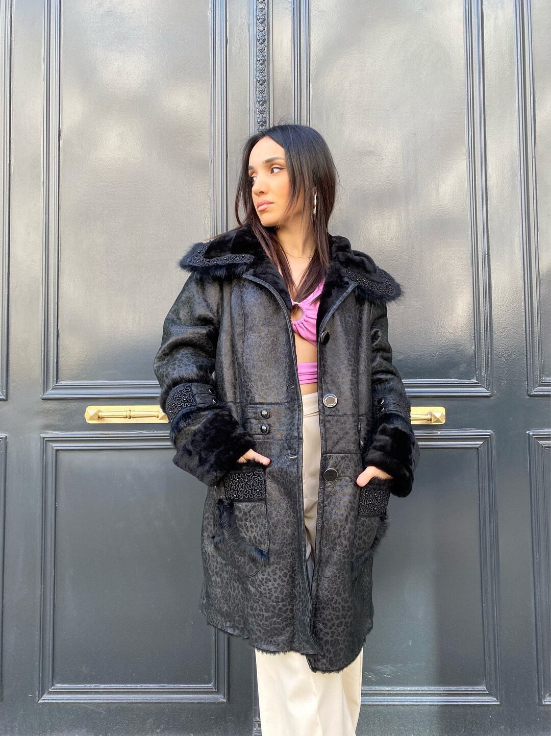 Lamb Fur Jacket With Pattern Black Long Women's Lambskin Coat ...